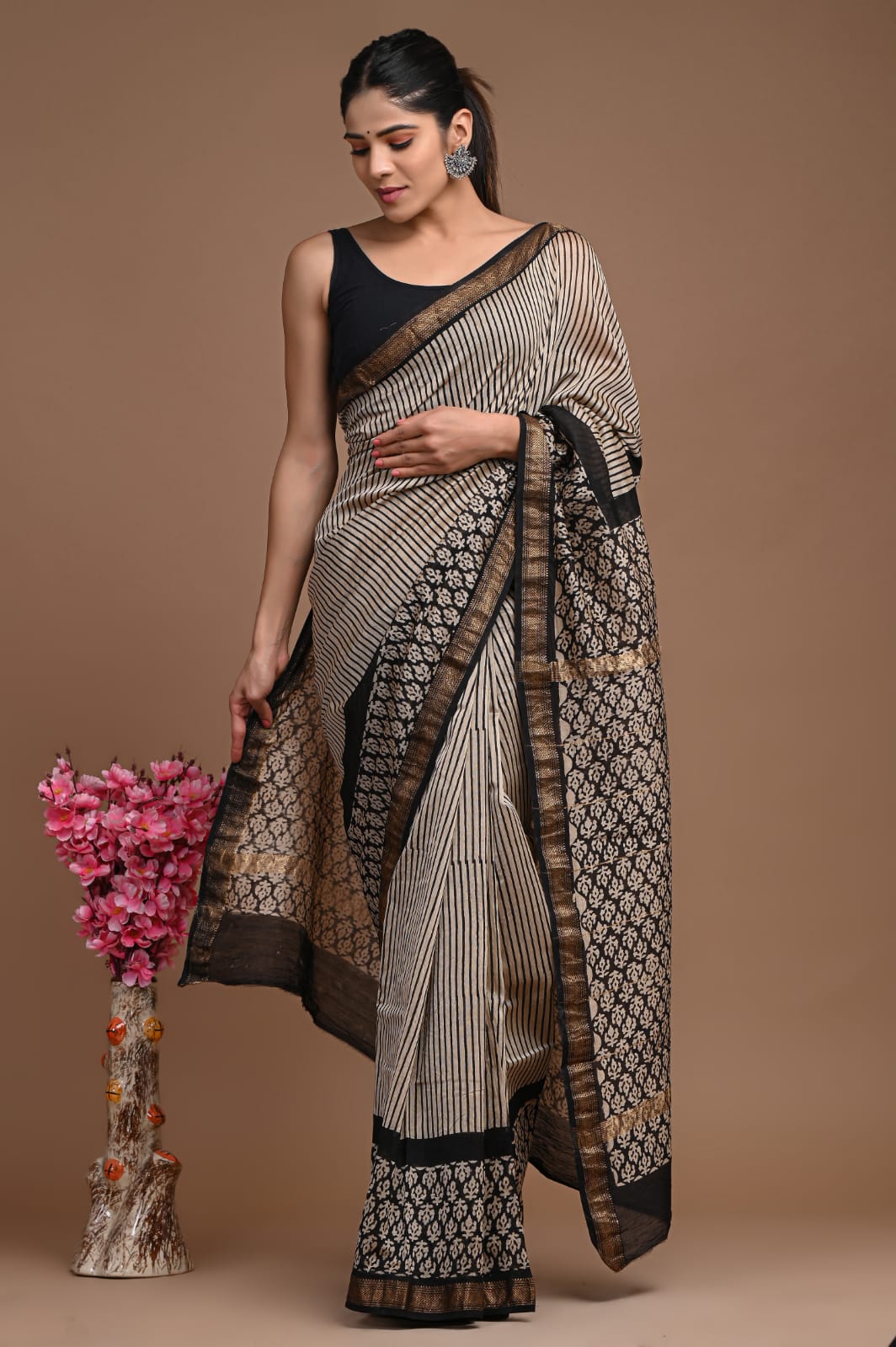 Bagru Hand Block Printed Silk Sarees