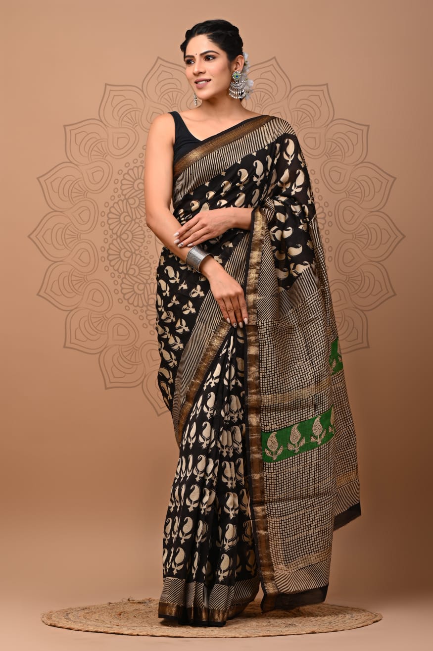 Madhubala Bagru Hand Block Printed Silk Saree