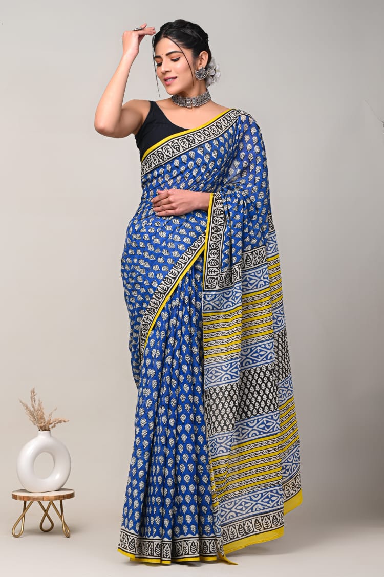 Bagru Hand Block Printed Mul Cotton Sarees