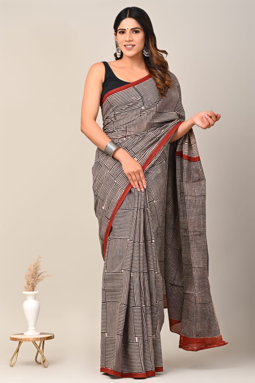 Bagru Hand Block Printed Mul Cotton Sarees