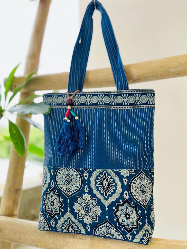 Saesha - Ajrakh Hand-block Printed Kantha Emboridery with Mirror Work