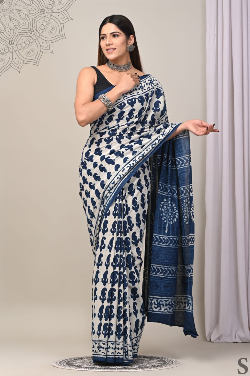 Arshia - Bagru Mul Cotton Hand-Block Printed Saree